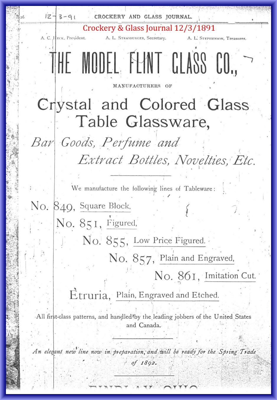EAPGS Pattern Index - MODEL FLINT GLASS CO. ADS, CATALOGS, AND INFORMATION